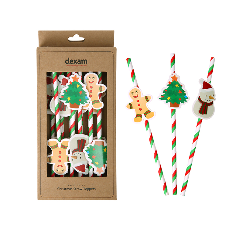 CHRISTMAS STRAWS WITH TOPPERS - PACK OF 12